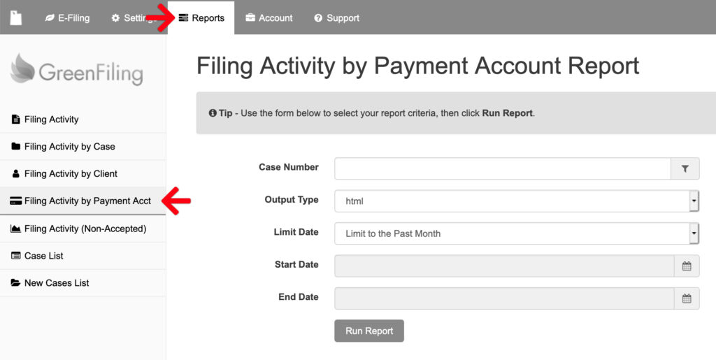 Reports: Filing Activity by Payment Account Screen